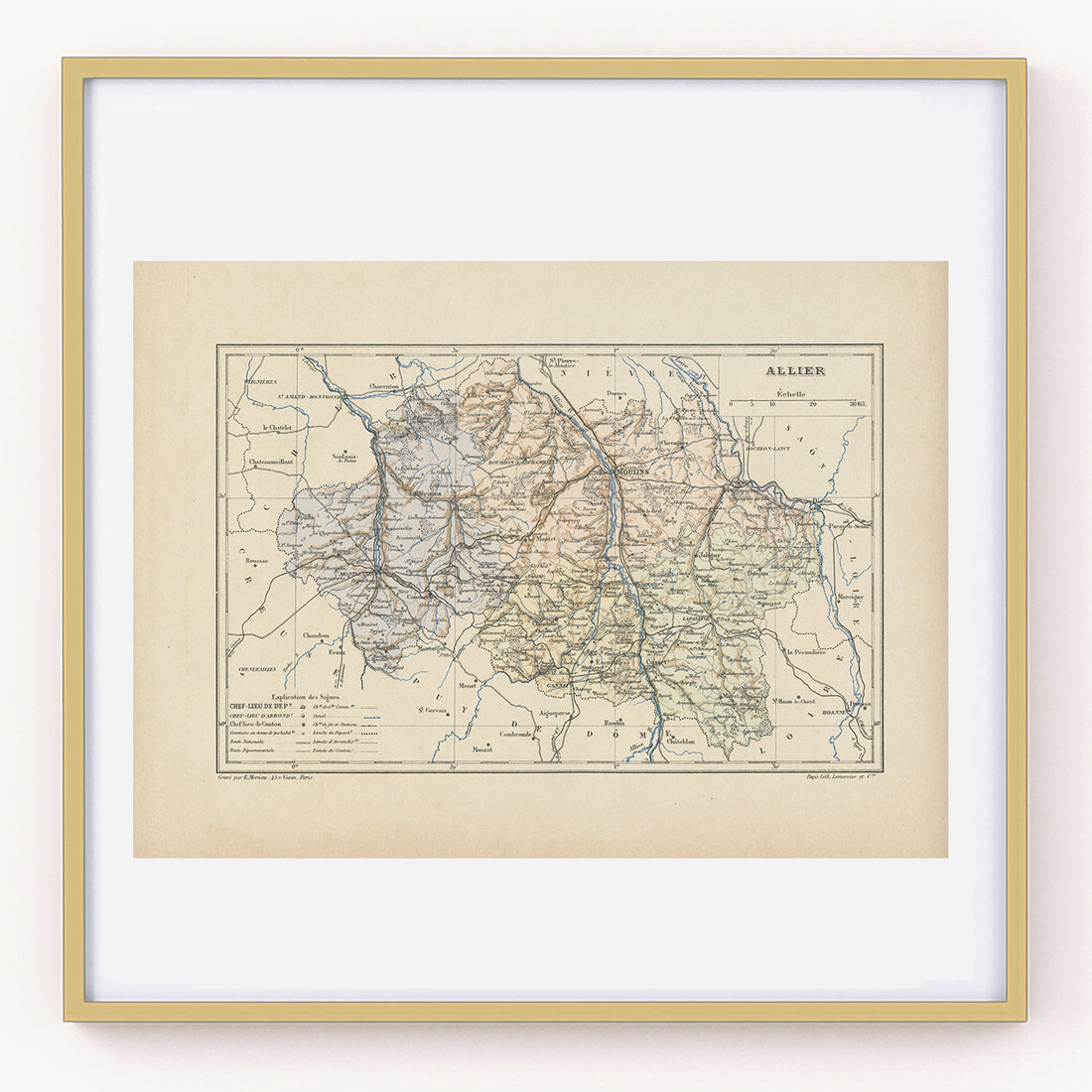 1892 Antique Allier Map - France