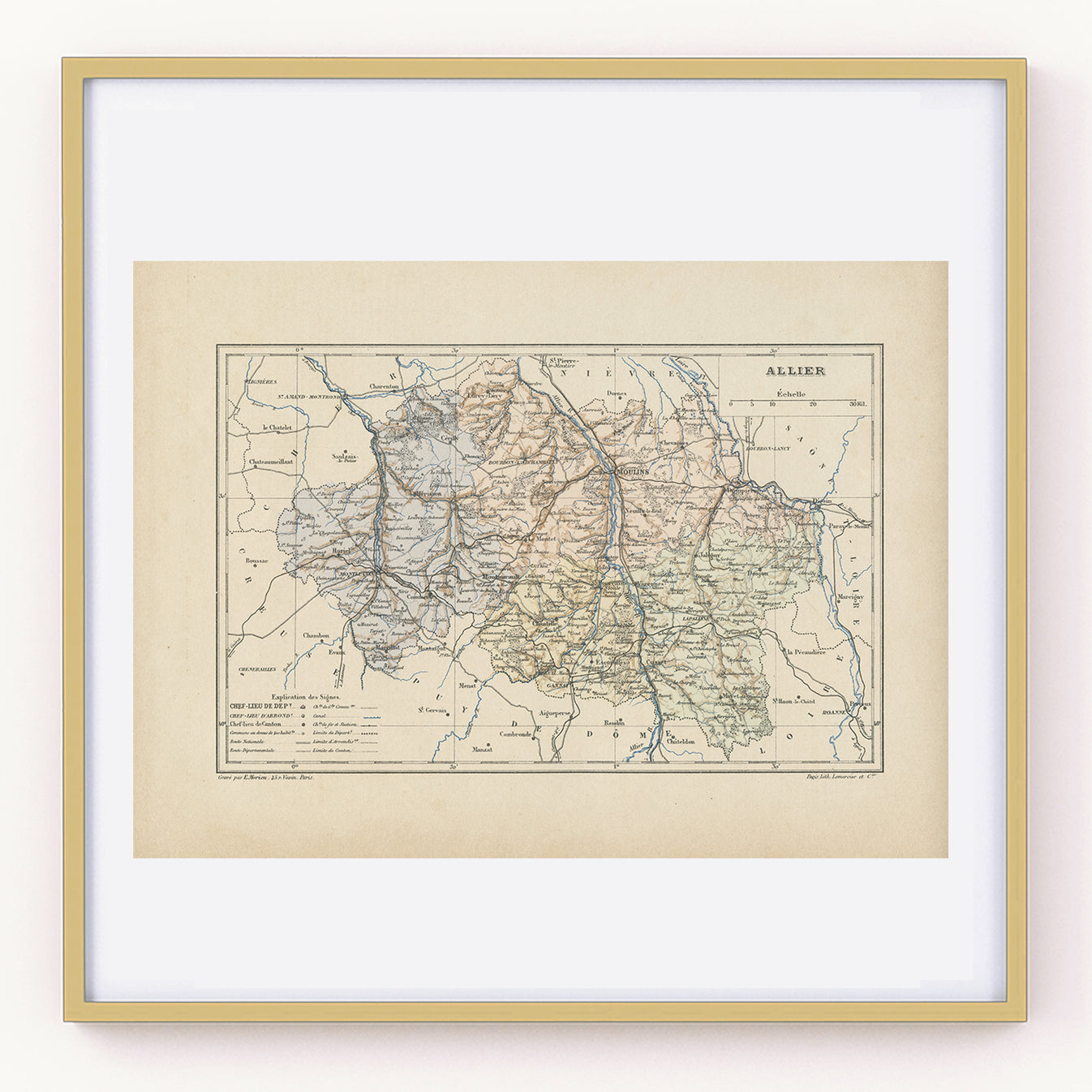 1892 Antique Allier Map - France