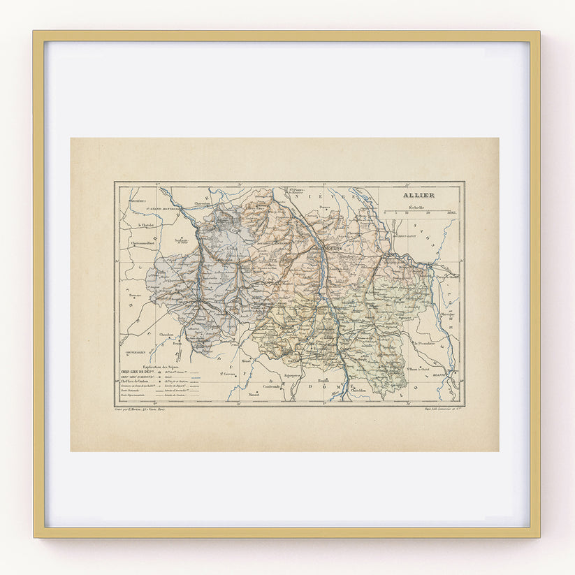 1892 Antique Allier Map - France