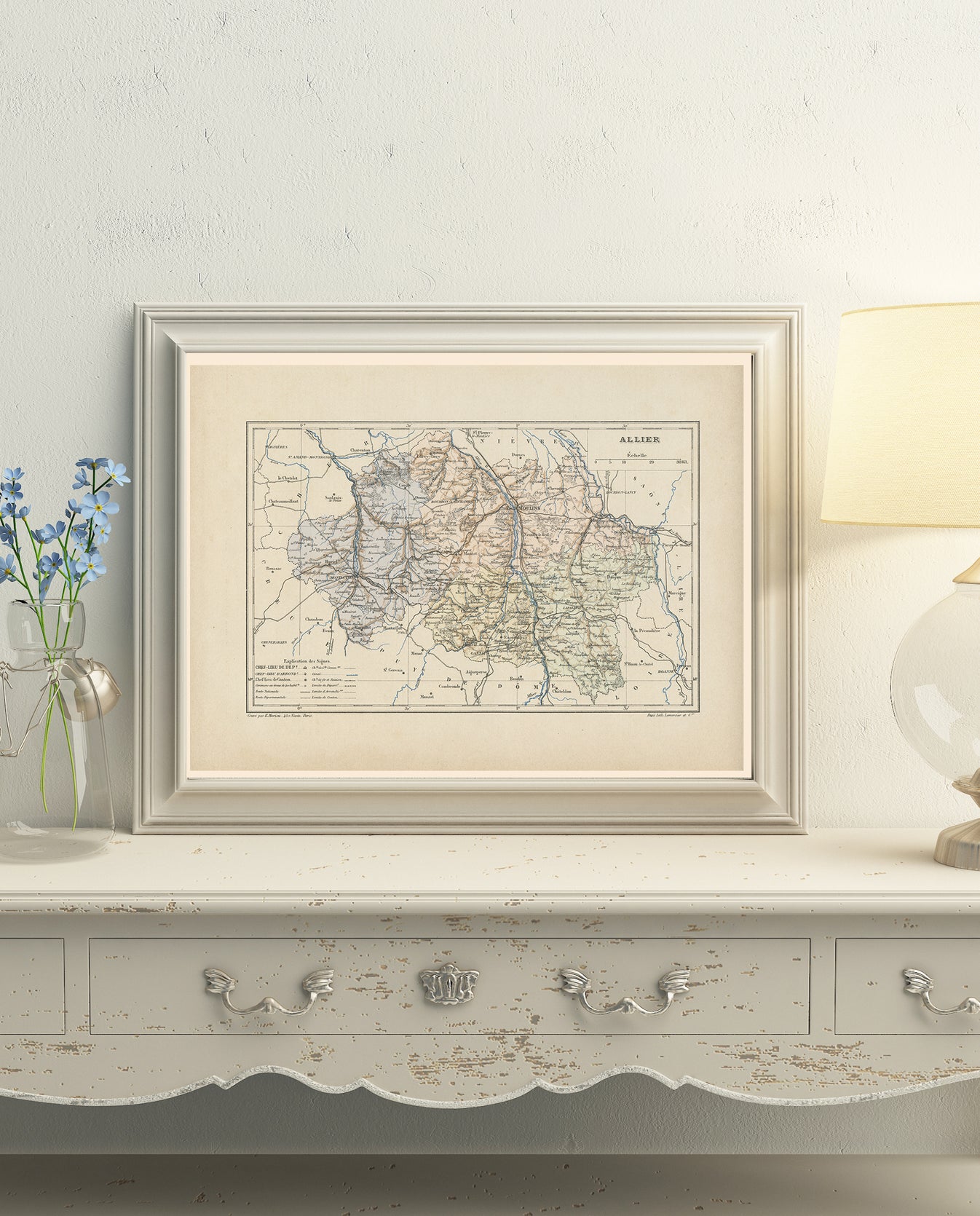 1892 Antique Allier Map - France