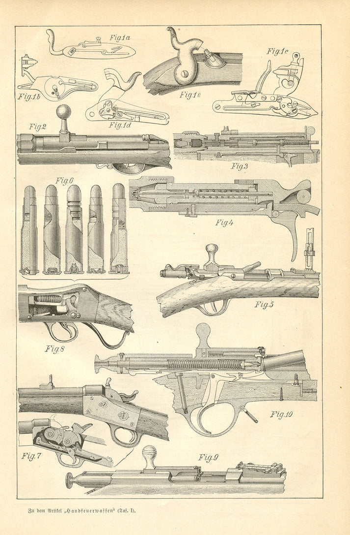 1890 Antique Firearms Print in German
