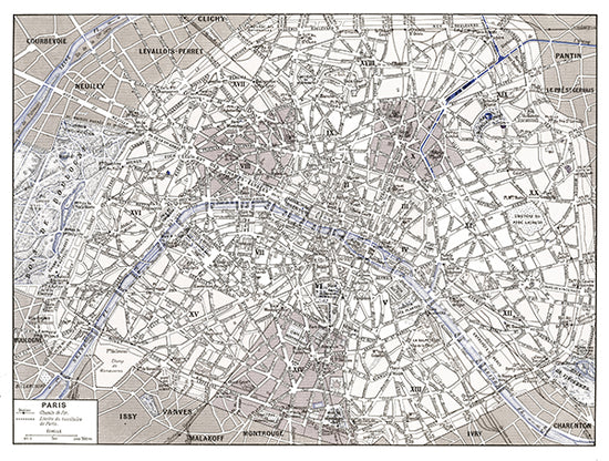Large sepia & blue Paris map poster