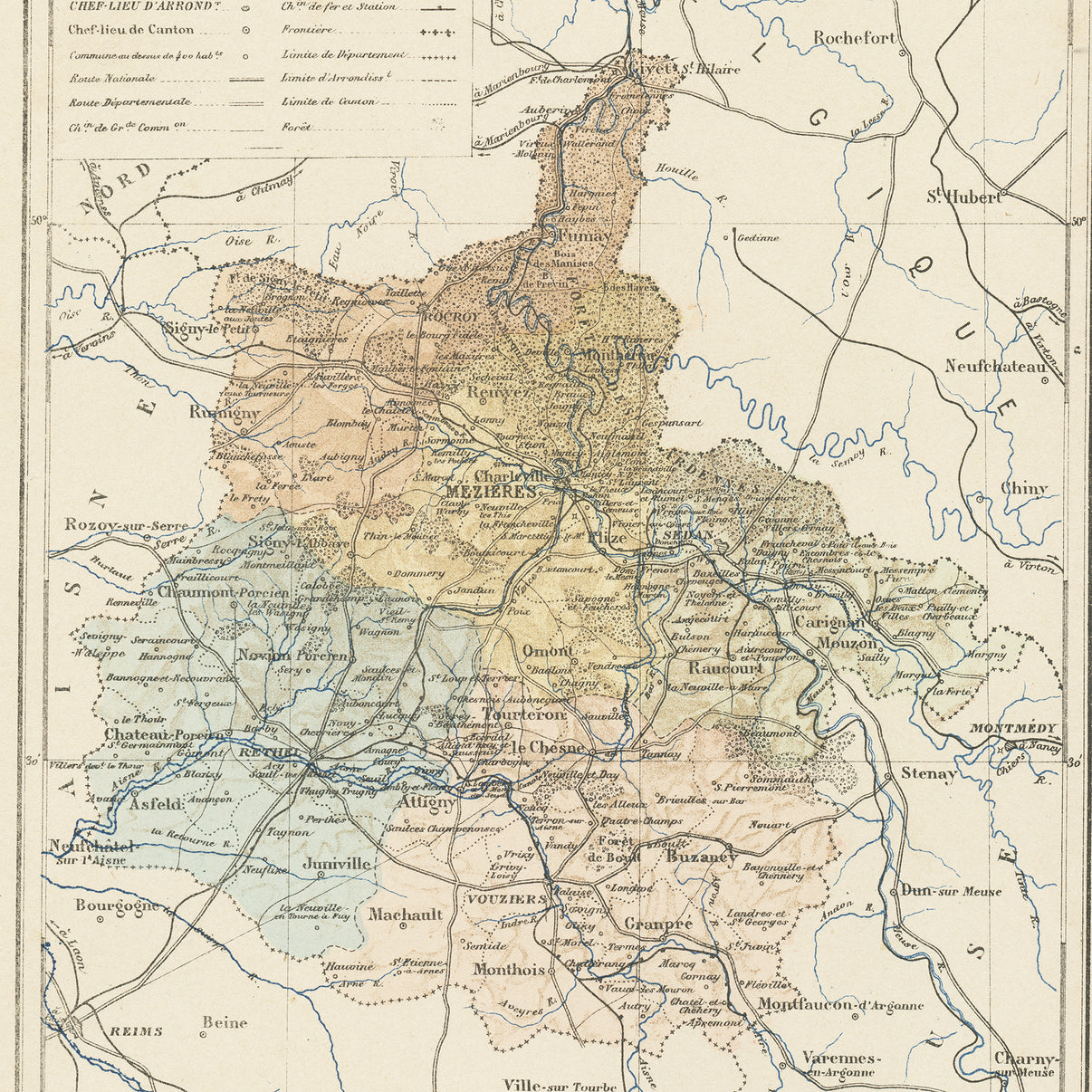 1892 Antique Ardennes Map - France