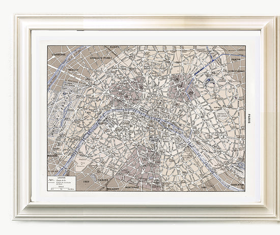 Large sepia & blue Paris map poster